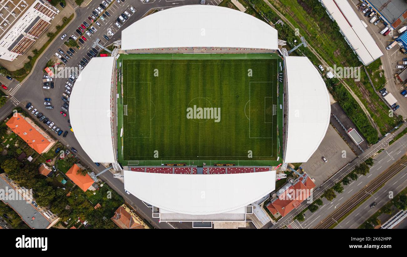 Aerial view of the UTA stadium in Arad city, Romania with a beatifull ...