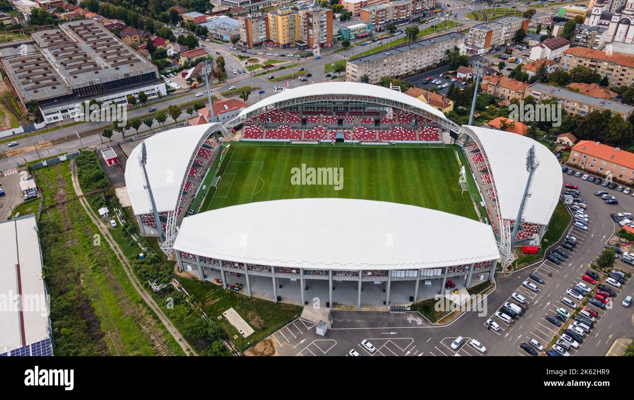 Aerial view of the UTA stadium in Arad city, Romania with a beatifull ...