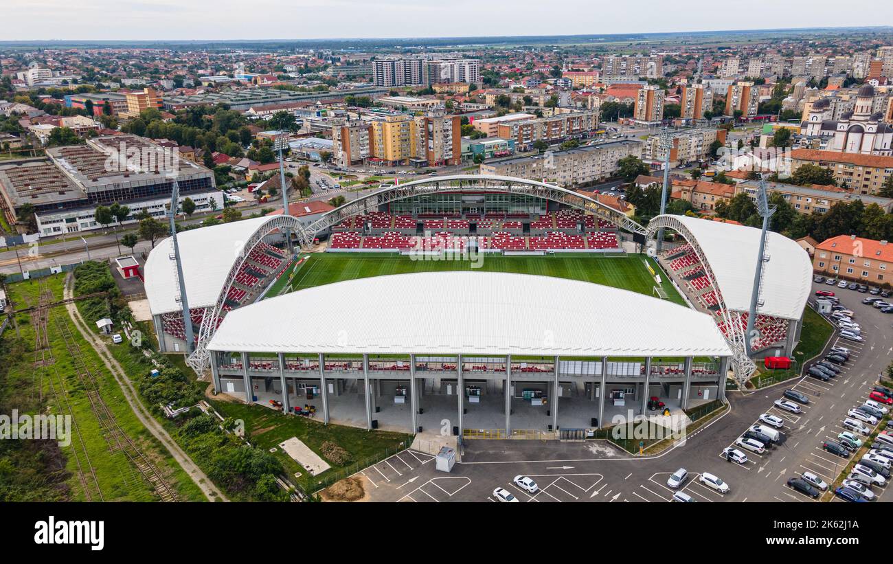 Aerial view of the UTA stadium in Arad city, Romania with a beatifull ...