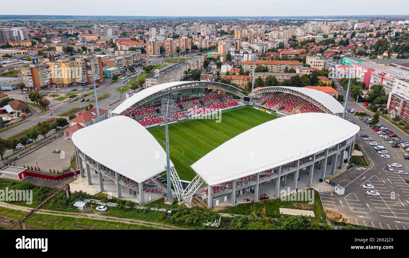 Aerial view of the UTA stadium in Arad city, Romania with a beatifull ...