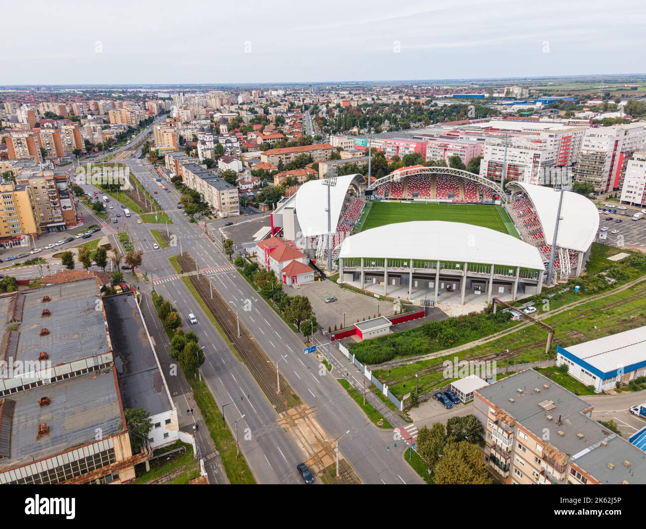 Aerial view of the stadium in Arad city, Romania with a beatifull ...