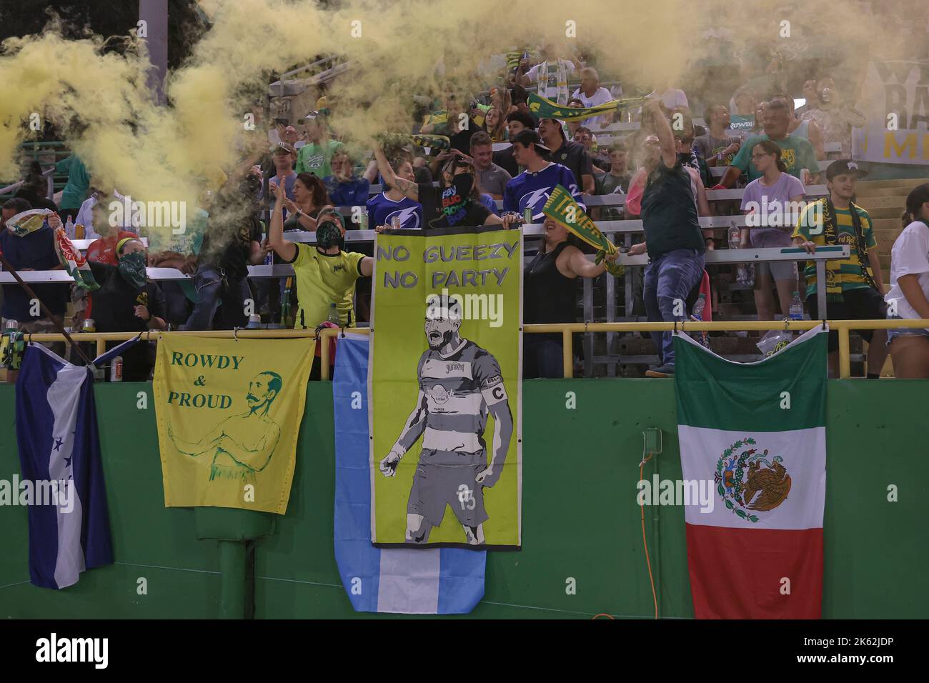 St. Petersburg, FL: Rowdies fans cheer and display the new “No Gueezy ...