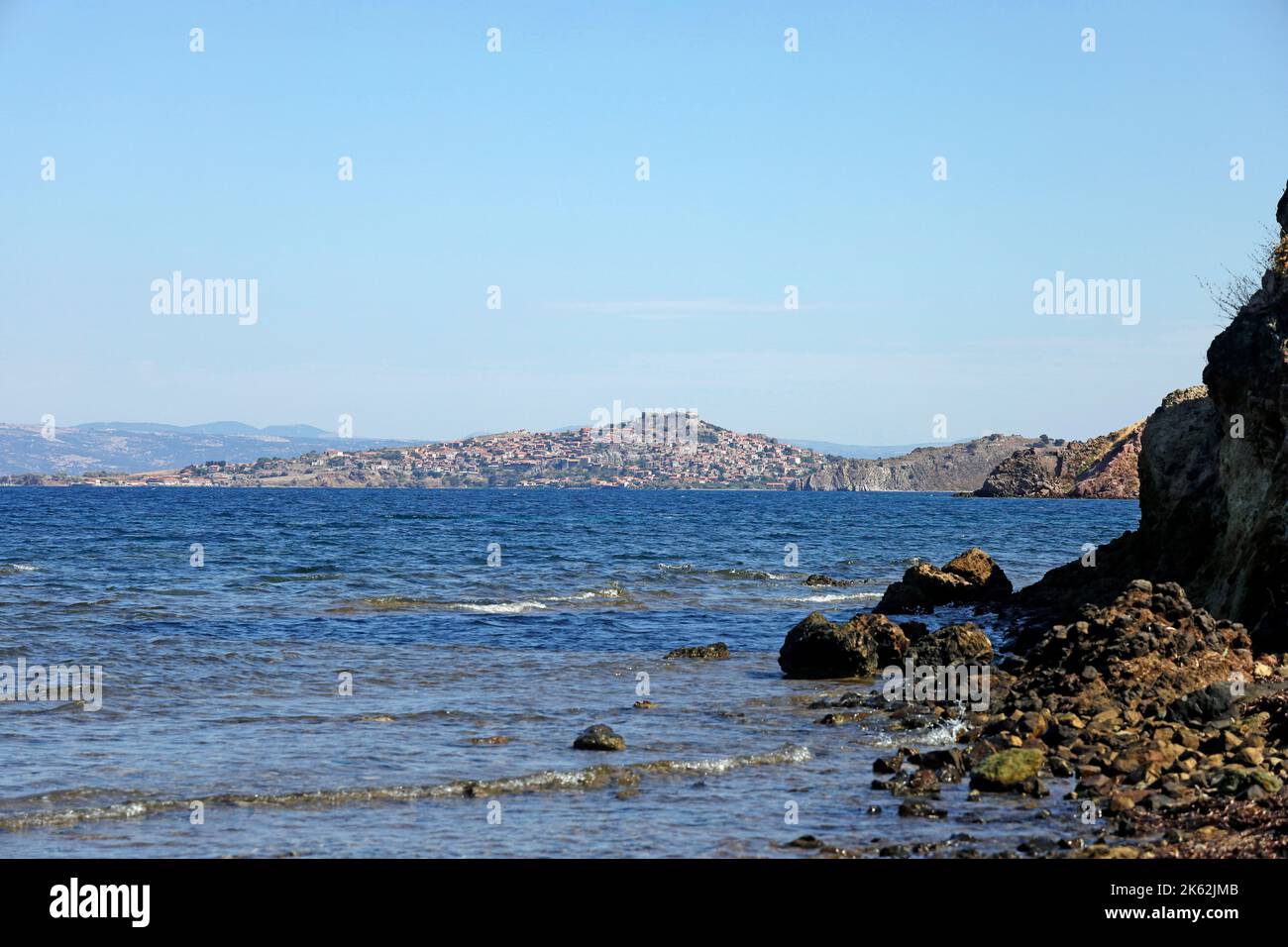Molyvos and Molyvos castle, seen from Anaxos, Lesvos (Lesbos/Mitylene ...
