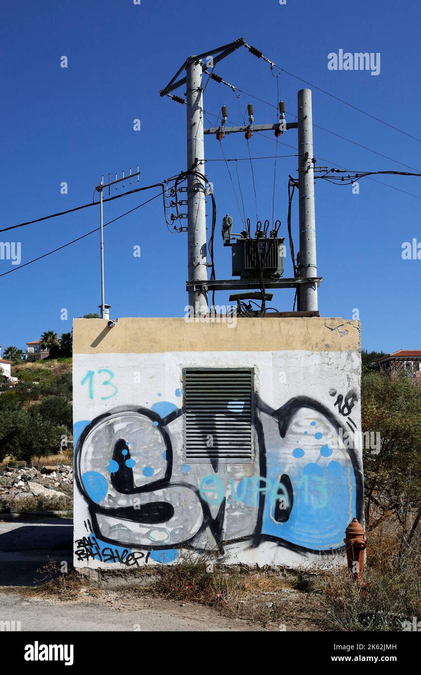 Electricity sub station with graffiti, Lesvos (Lesbos/Mitylene) . cym ...