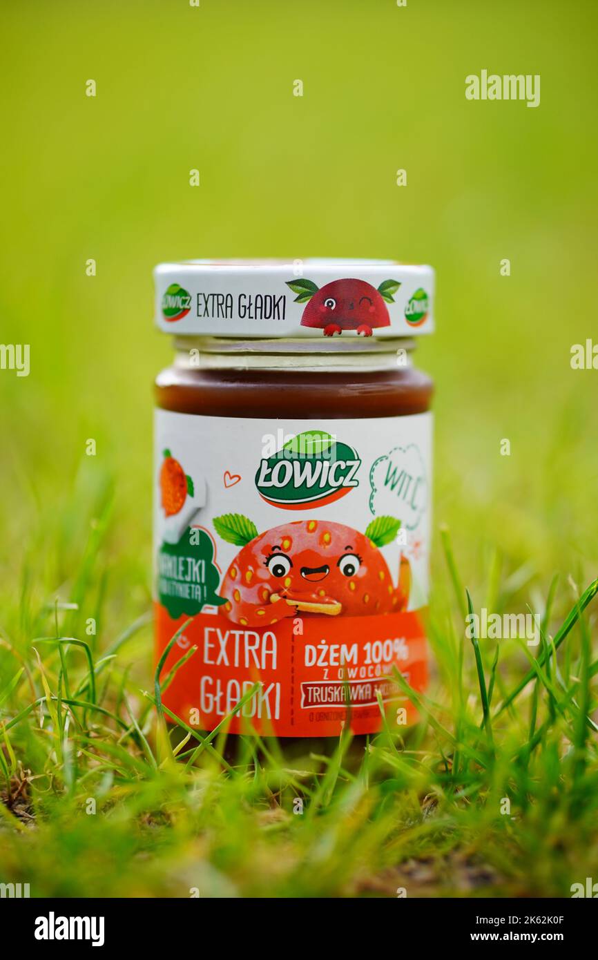 A vertical shot of a bottle of Polish Lowicz brand strawberry jam for ...