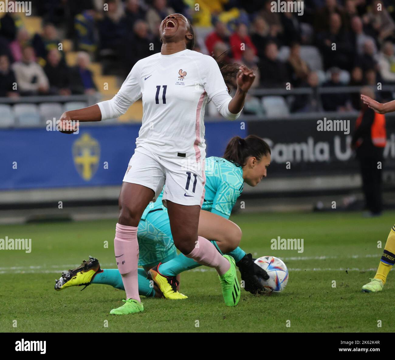 France's Kadidiatou Diani reacts after a missed chans while Sweden's ...