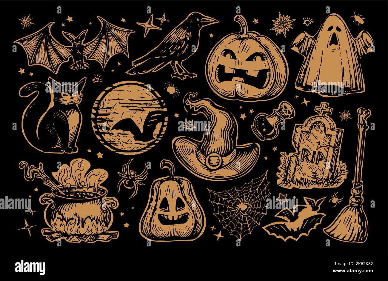 Halloween concept. Spooky and creepy vintage set elements. Holiday ...
