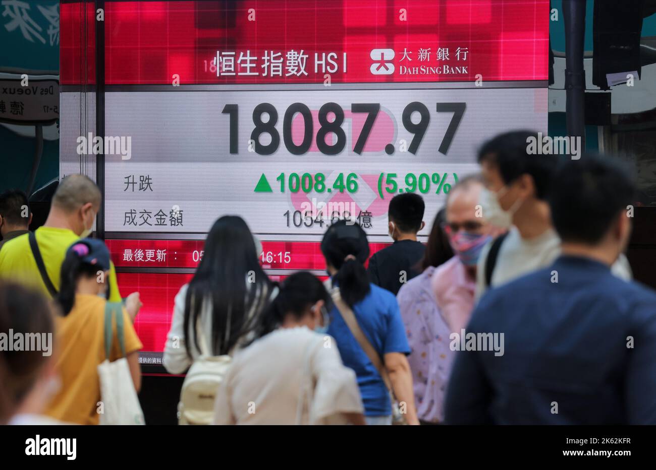 People passing by the HSI display at Central. The Hang Seng Index ...