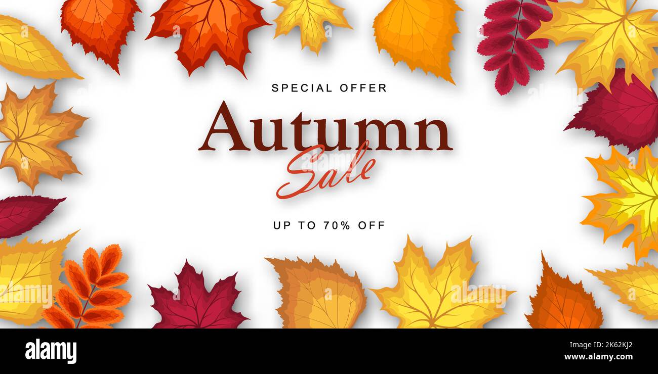 Autumn sale banner template decorate with maple leaves in warm color ...