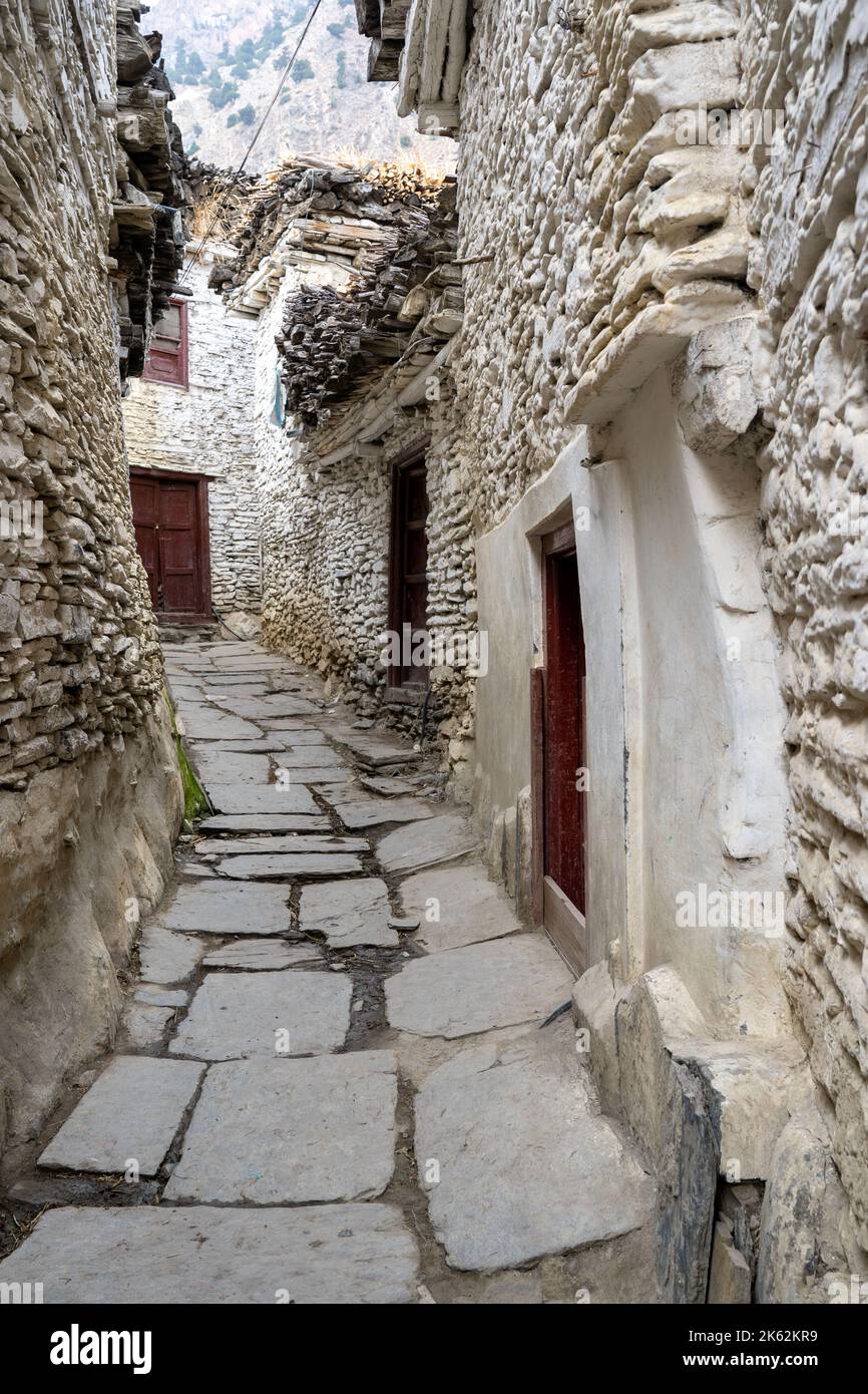 A vertical shot of of a narrow path between brick stone buildings in ...