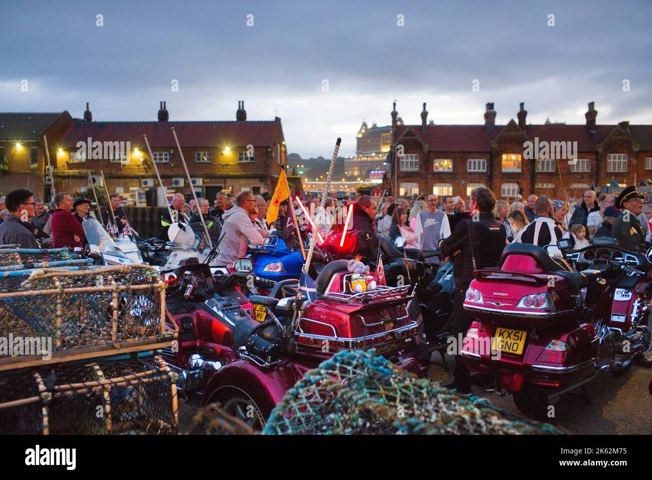Honda Goldwing motor bikes meeting at night on the quayside Scarborough ...