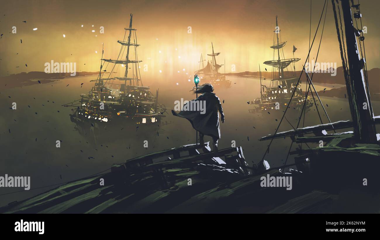 Wizard with a magic wand standing on the ship against the sunset ...