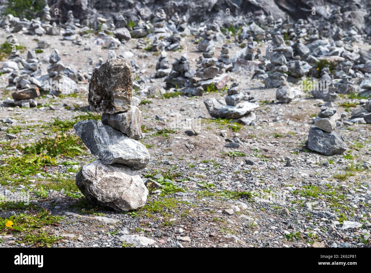 Stone cairns are at former marble quarry in Ruskeala, Republic of ...
