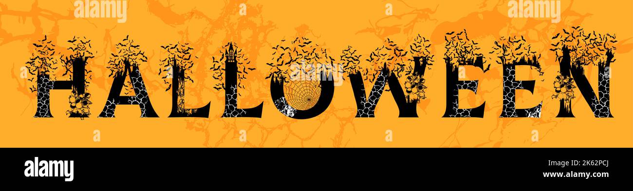 Happy Halloween vector lettering. Grim black cracked letters with Bat ...