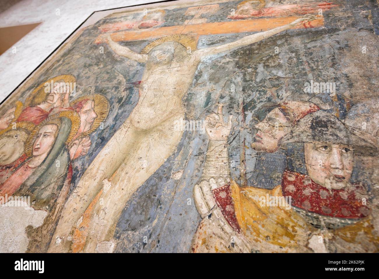 Crucifixion of Christ, detail of an early 14th Century fresco depicting the Crucifixion of ...