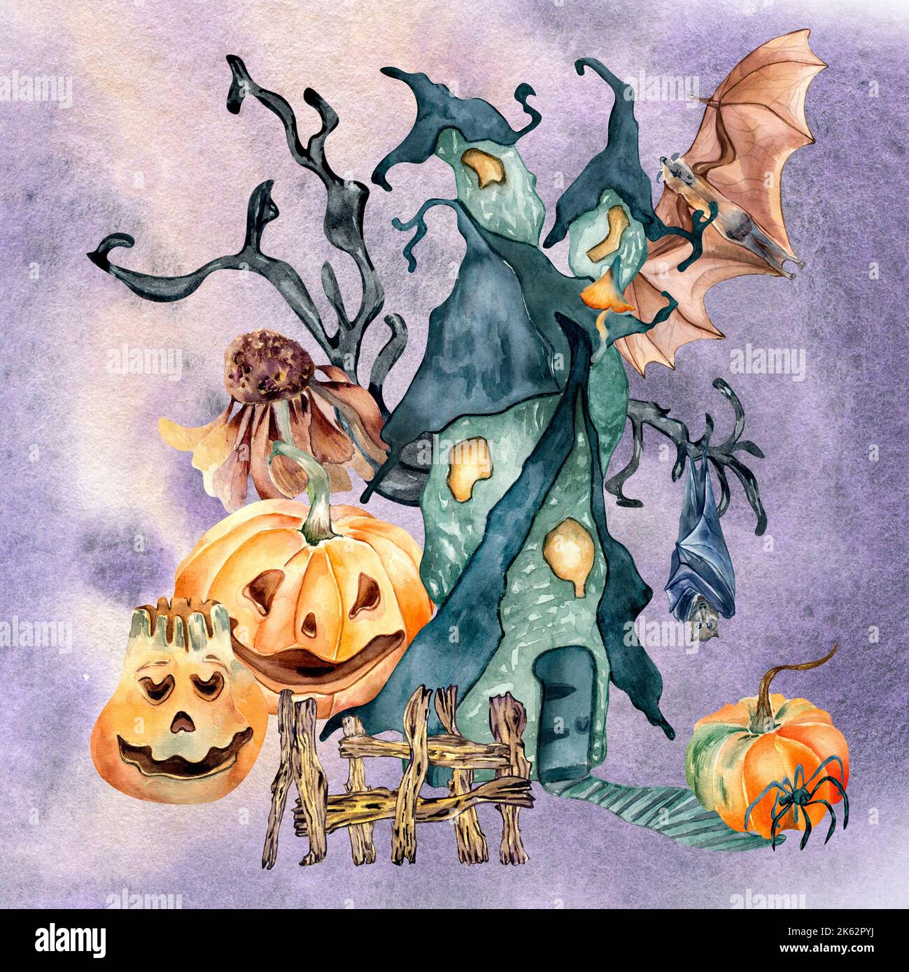 Cute Halloween print with haunted house watercolor illustration on ...