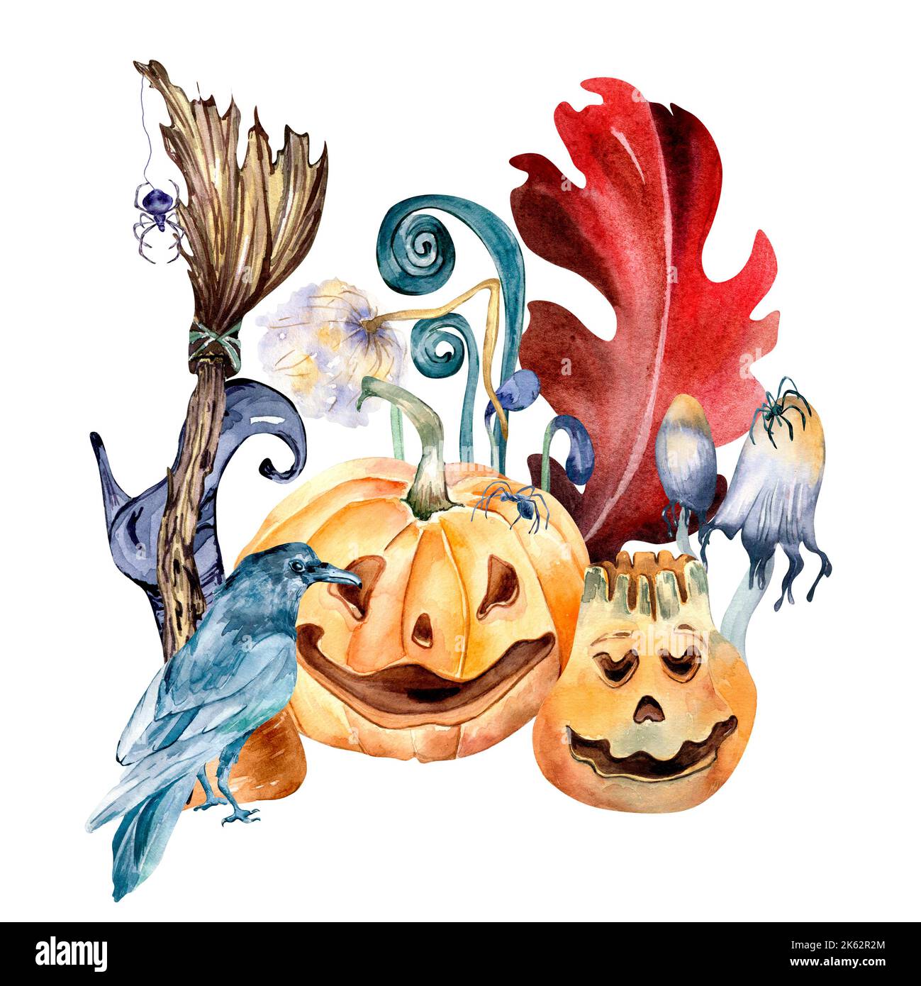 Witchcraft composition with colorful pumpkins watercolor illustration ...