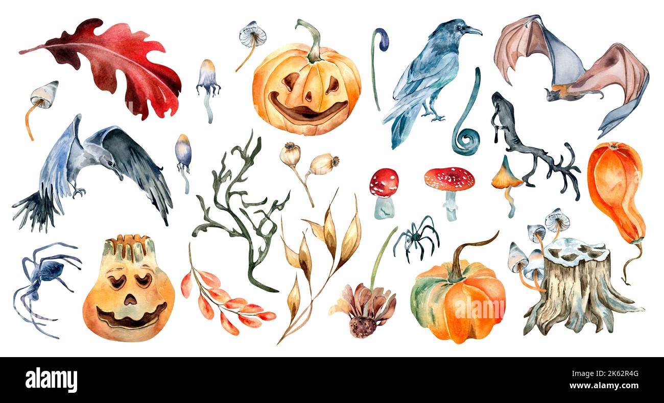 Clipart of Halloween symbols watercolor illustration isolated on white ...