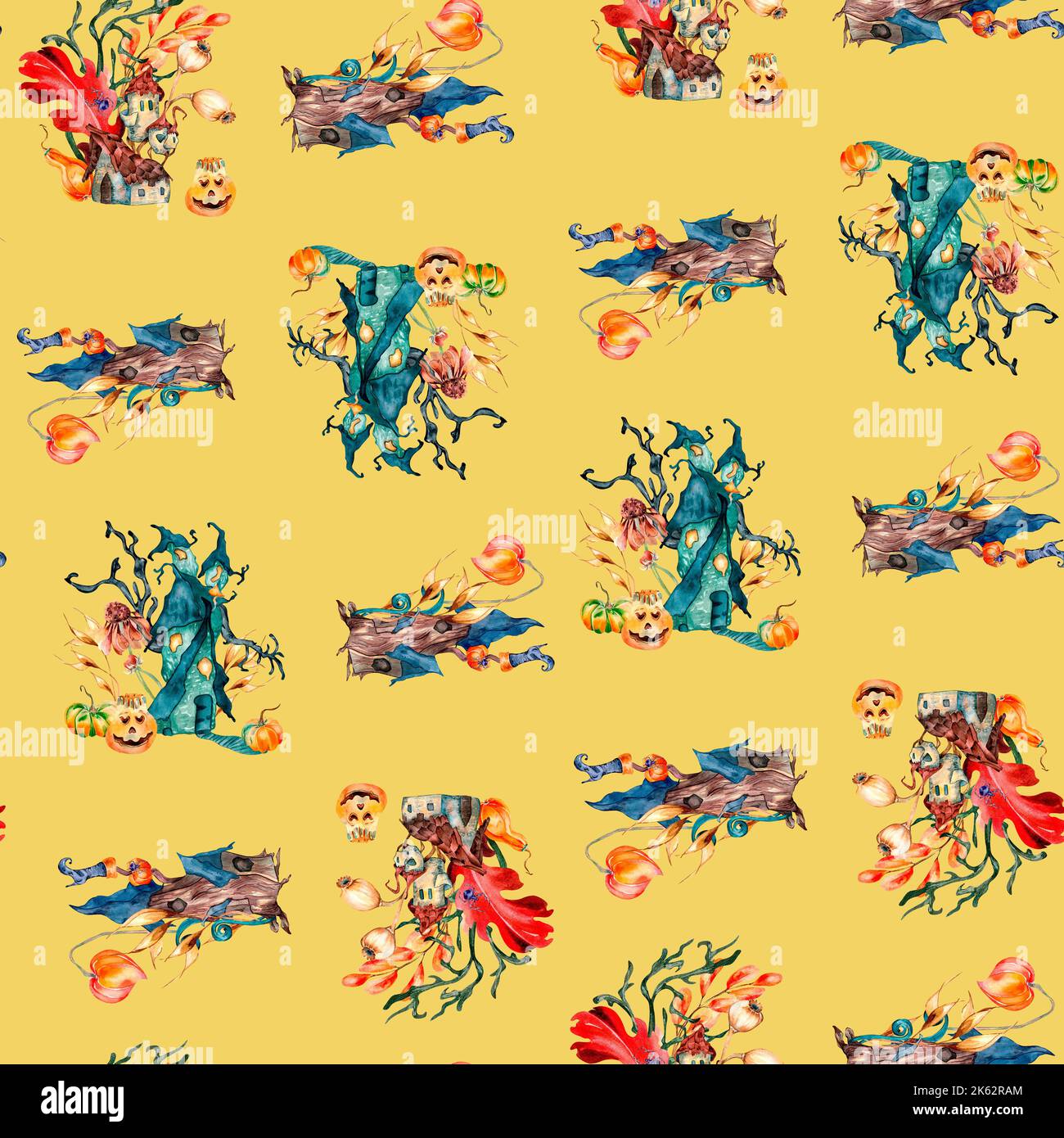 Various cute haunted houses watercolor seamless pattern isolated on ...