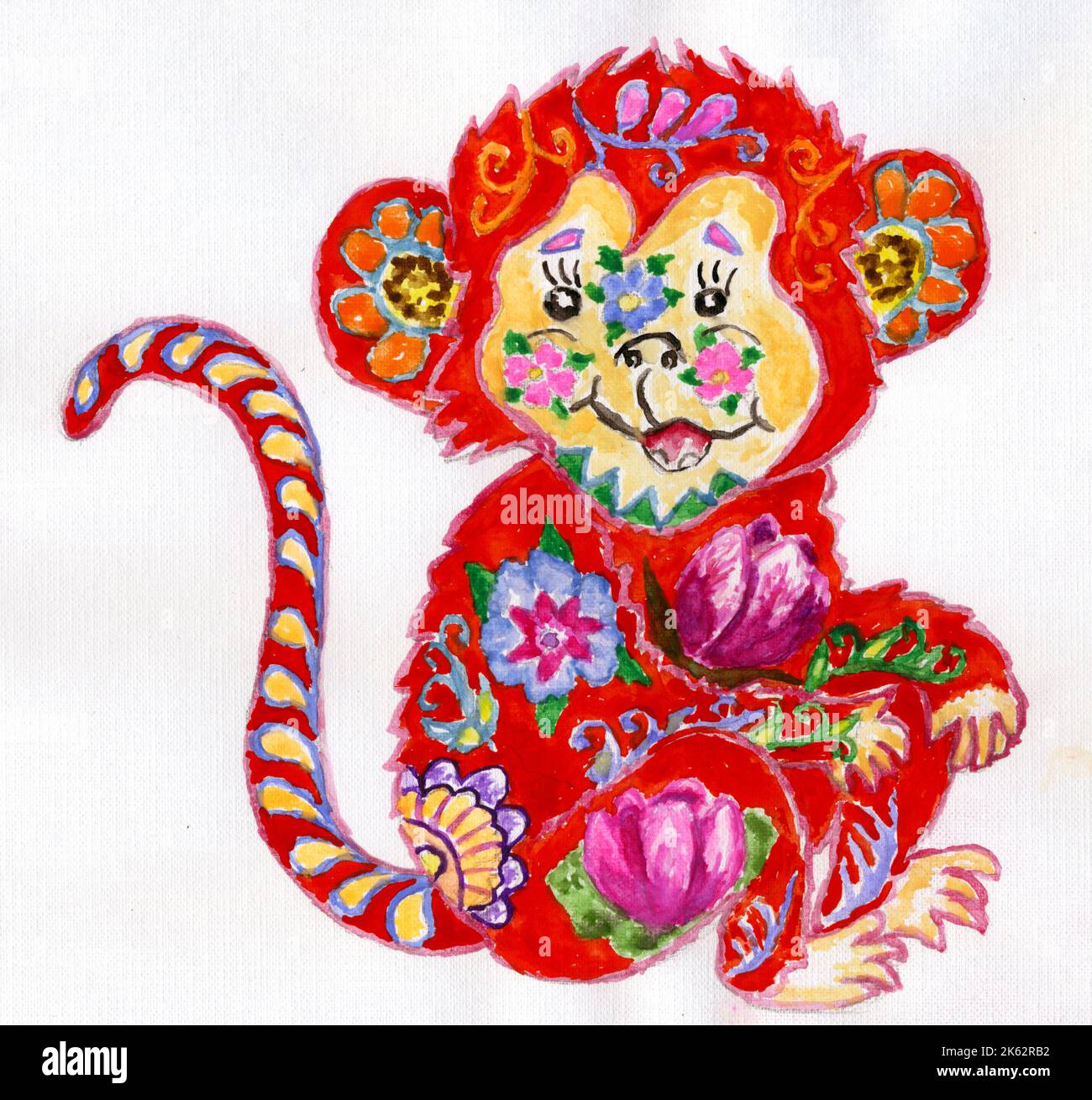 Red monkey with flowers decor hand drawn illustration Stock Photo - Alamy
