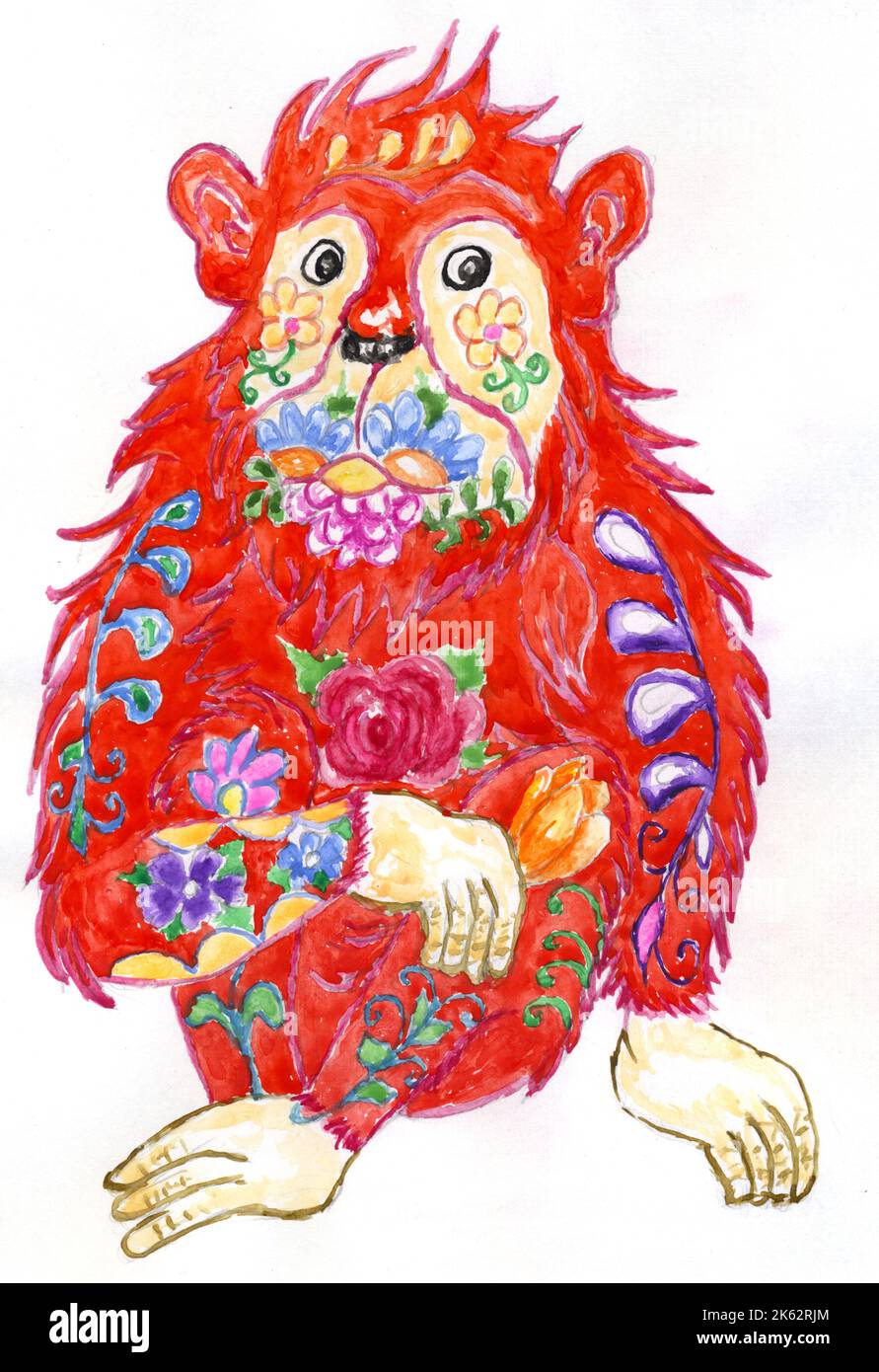 Red monkey with flowers decor hand drawn illustration Stock Photo - Alamy