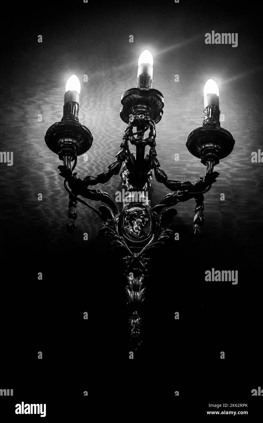 A vertical grayscale of a chandelier inside Dublin Castle Stock Photo ...