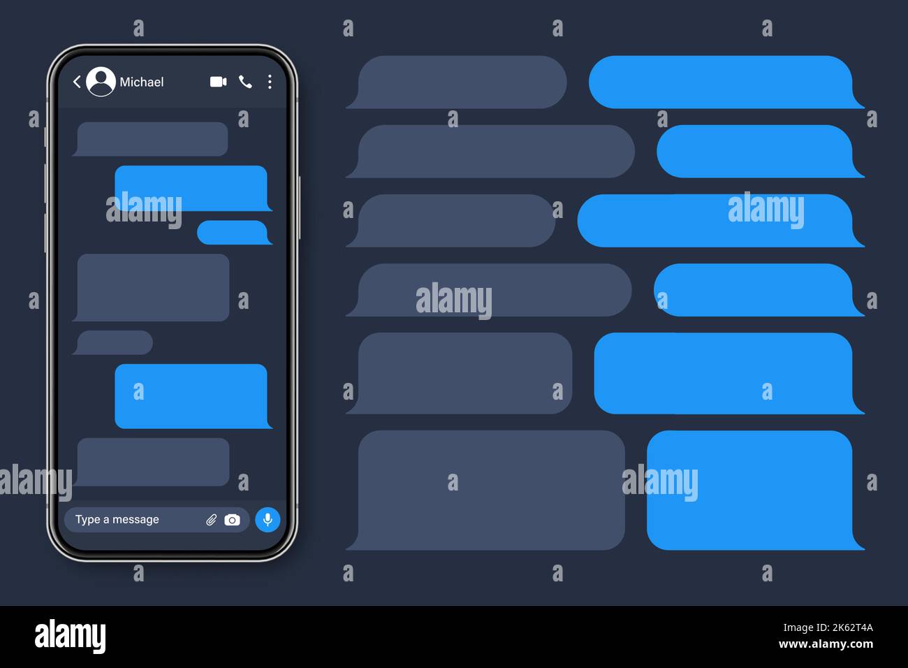 Realistic smartphone with messaging app. Blank SMS text frame ...