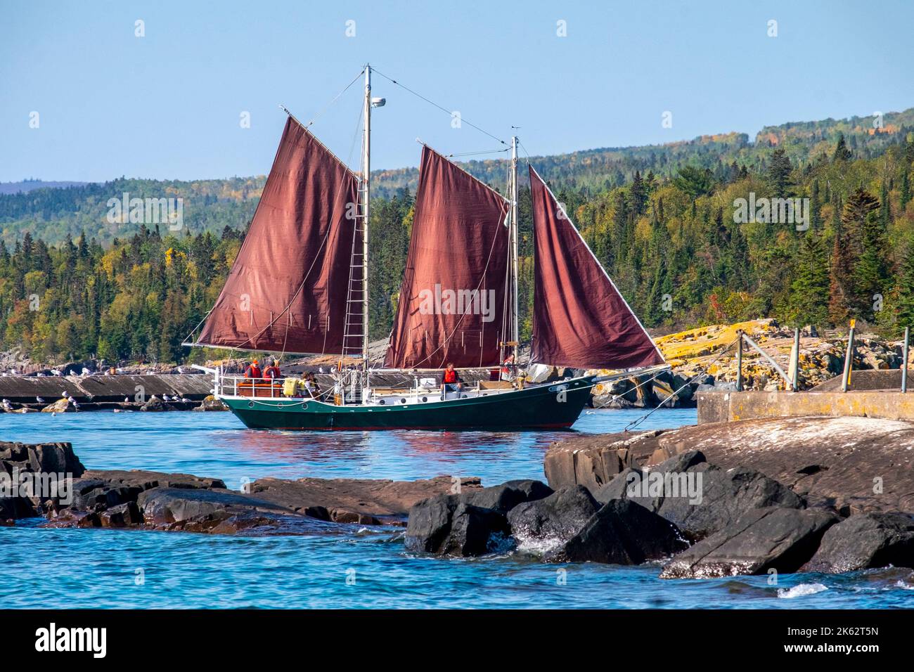 Grand Marais, Minnesota, sailboat coming into the harbor off Lake ...