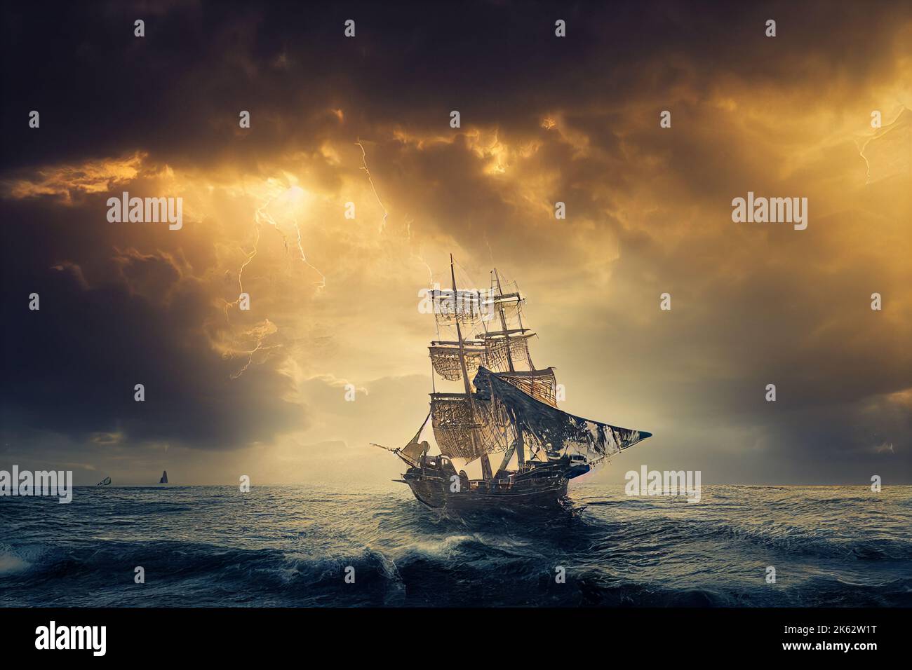 Pirate ship in storm with torn sails. 3D illustration Stock Photo - Alamy