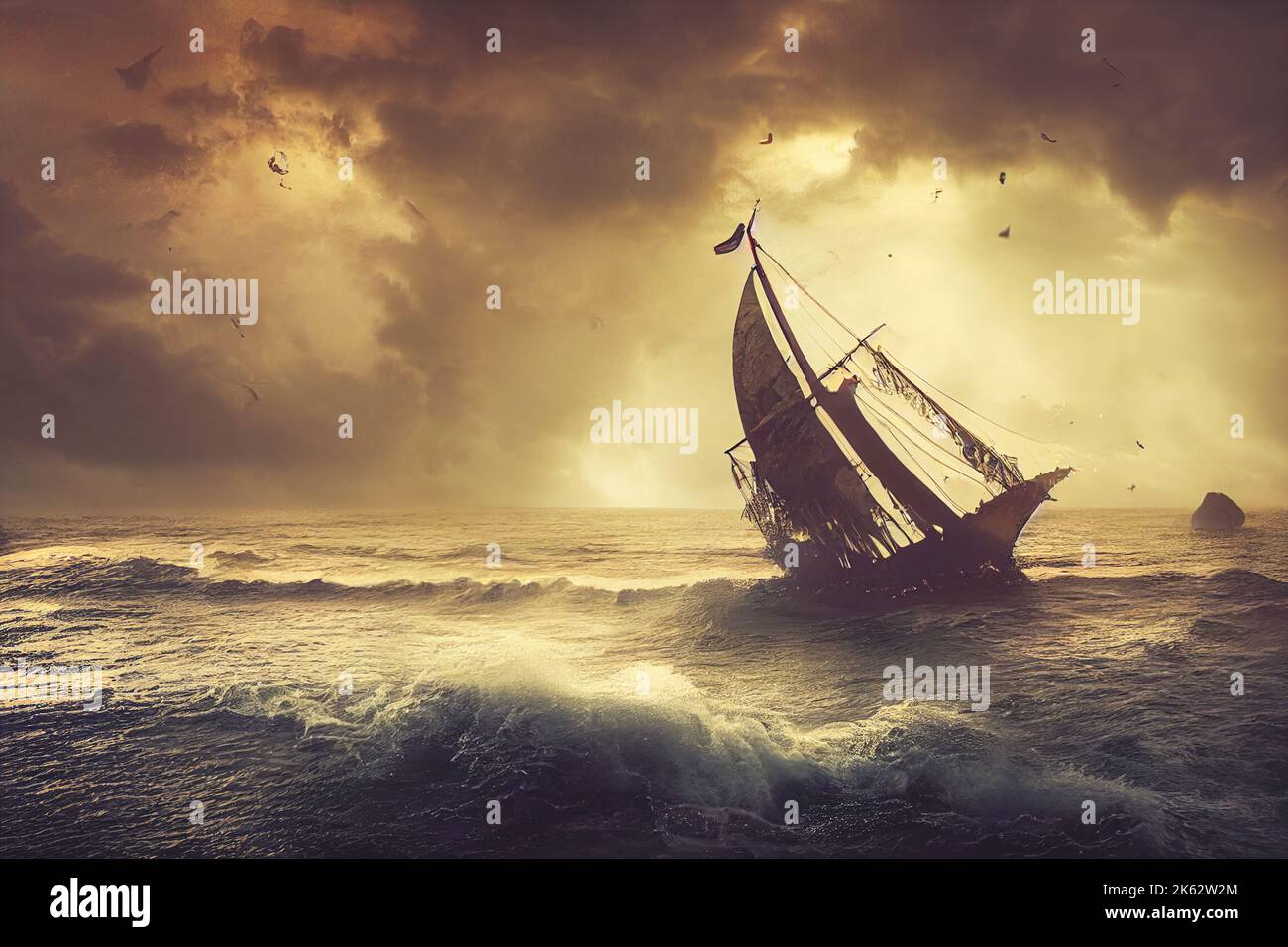 Pirate ship in storm with torn sails. 3D illustration Stock Photo - Alamy