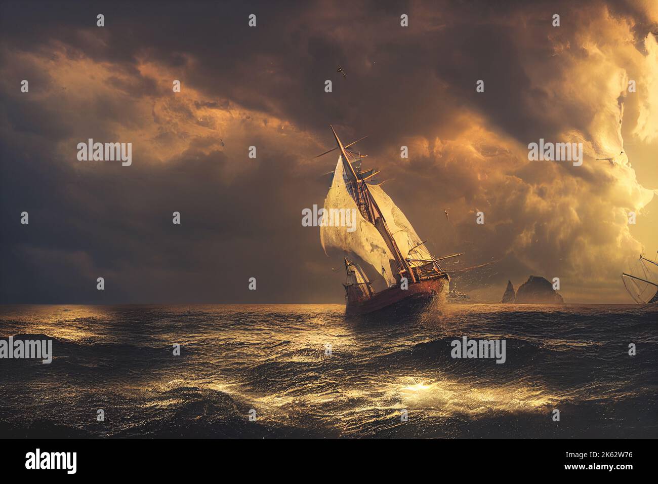 Pirate ship in storm with torn sails. 3D illustration Stock Photo - Alamy
