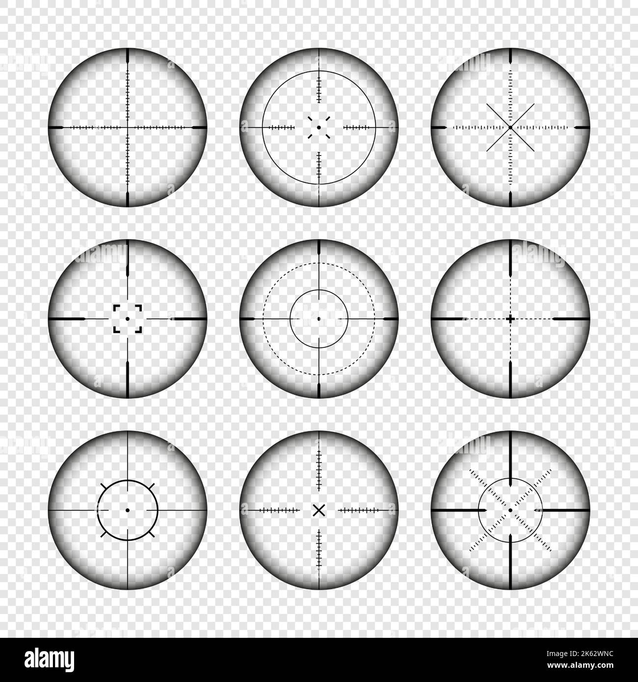 Various weapon sights, sniper rifle optical scopes. Hunting gun ...