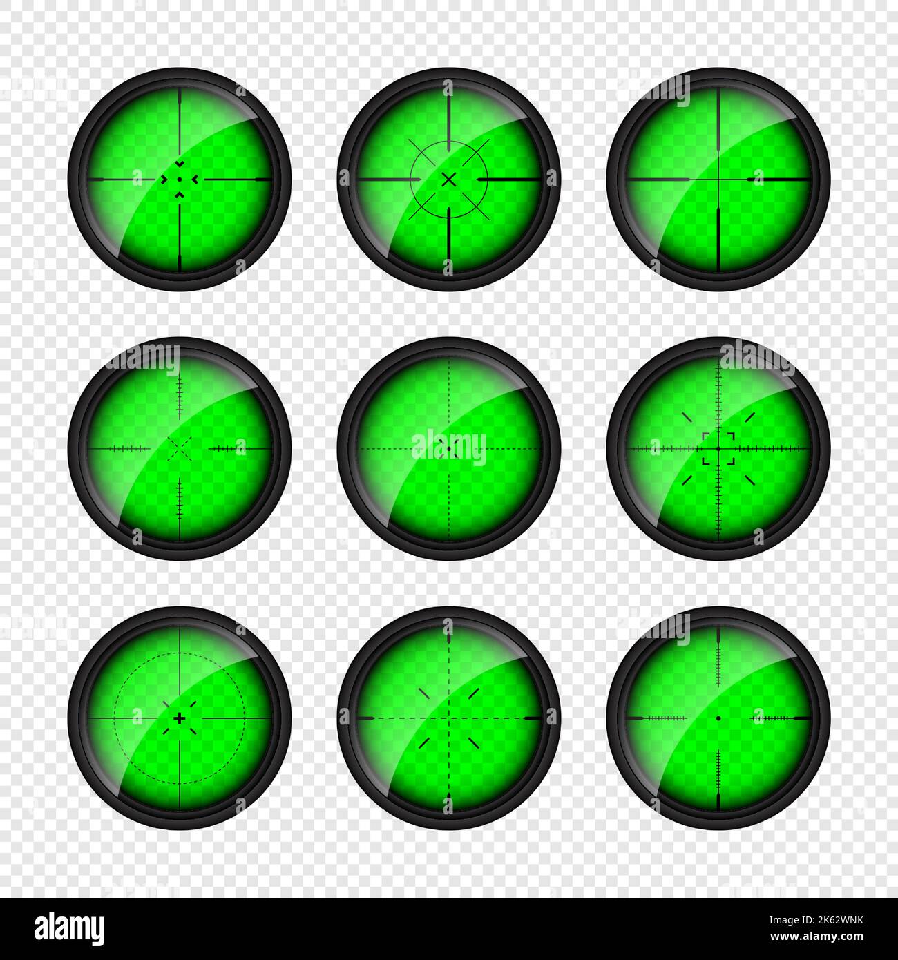 Various weapon night sights, sniper rifle optical scopes. Hunting gun ...