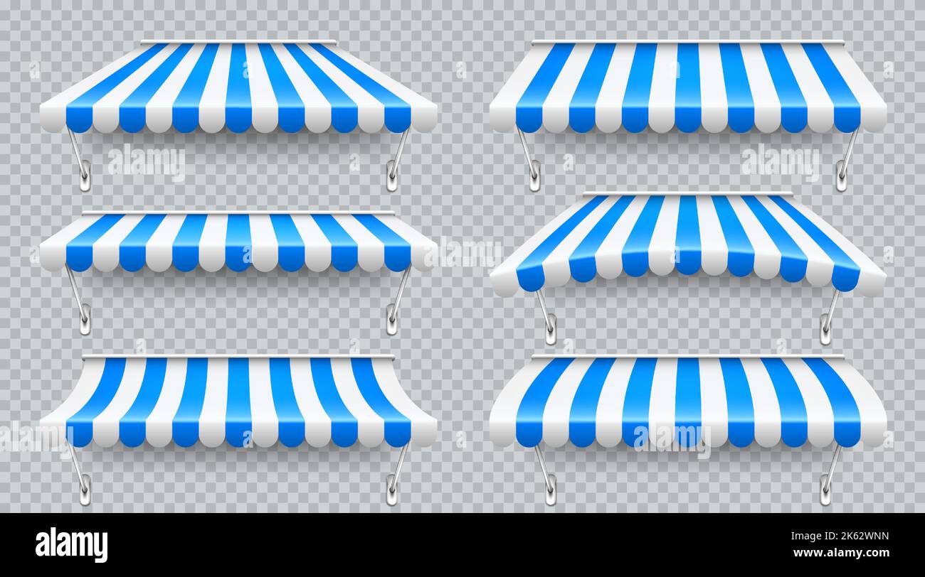 Shop sunshade with metal mount. Realistic blue striped cafe awning ...