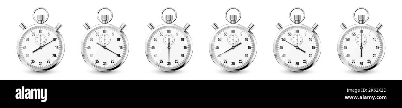 Realistic classic stopwatch icons. Shiny metal chronometer, time ...