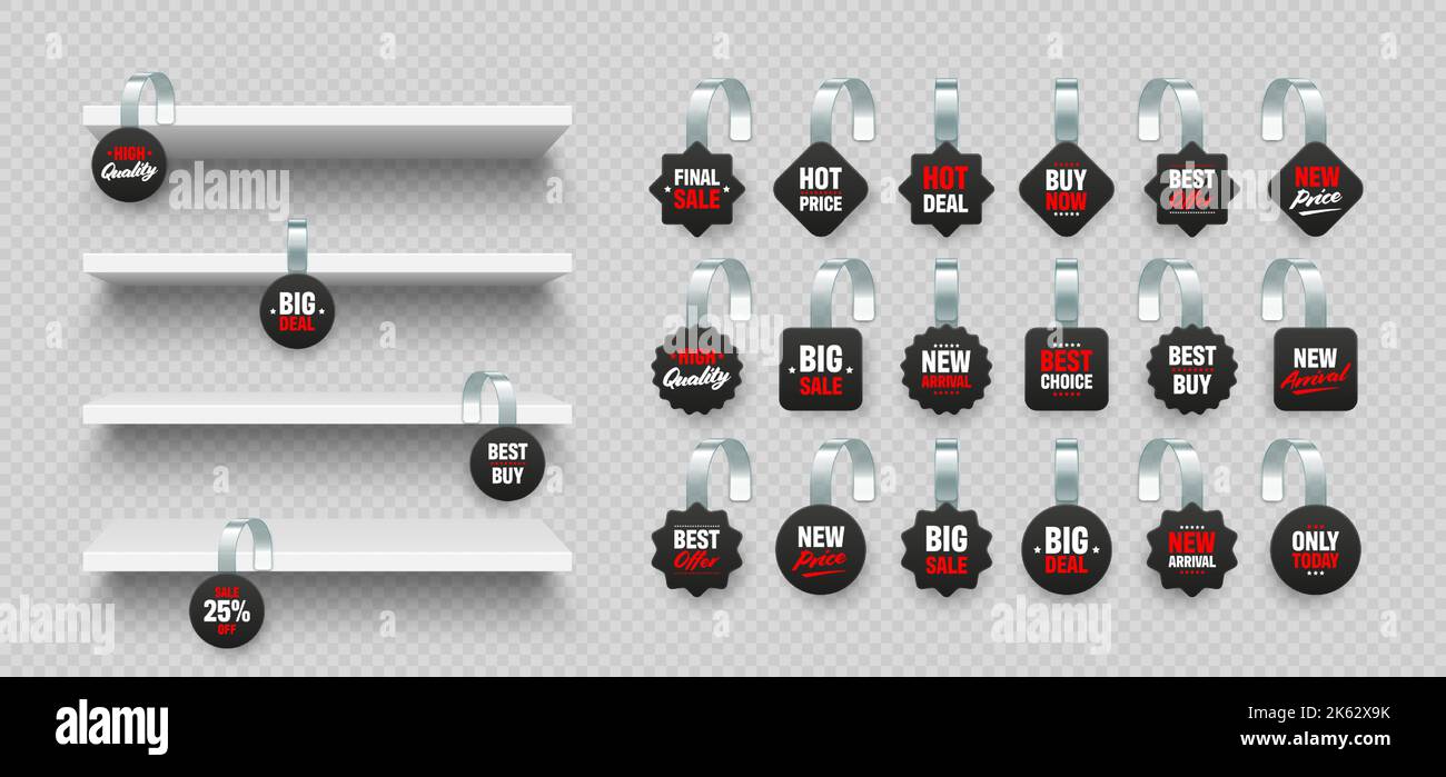 Store shelves with supermarket promotional wobblers. Product shelf and ...