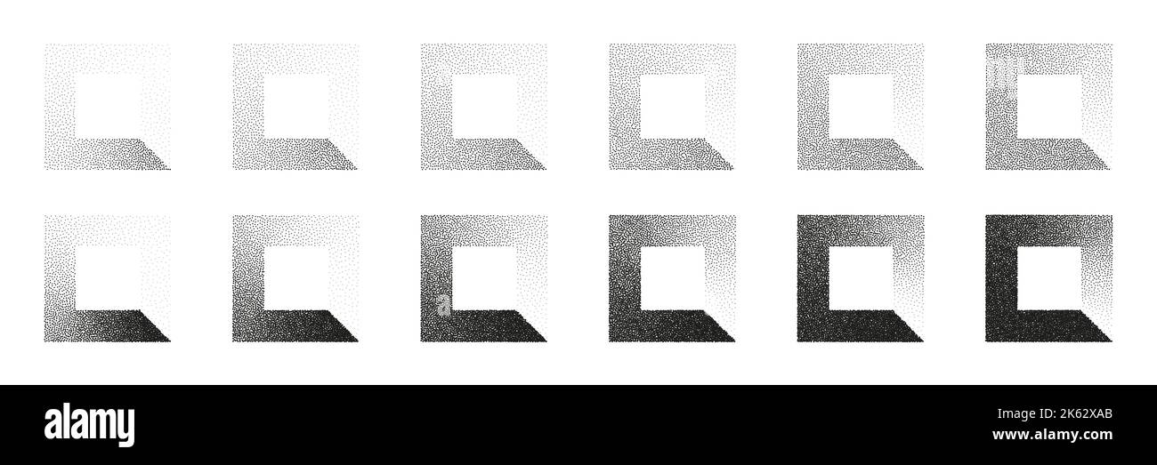 Square shaped dotted objects, stipple elements. Stippling, dotwork ...
