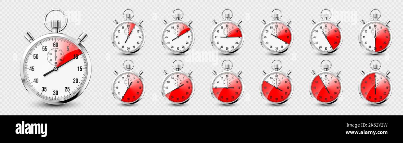 Realistic classic stopwatch icons. Shiny metal chronometer, time ...