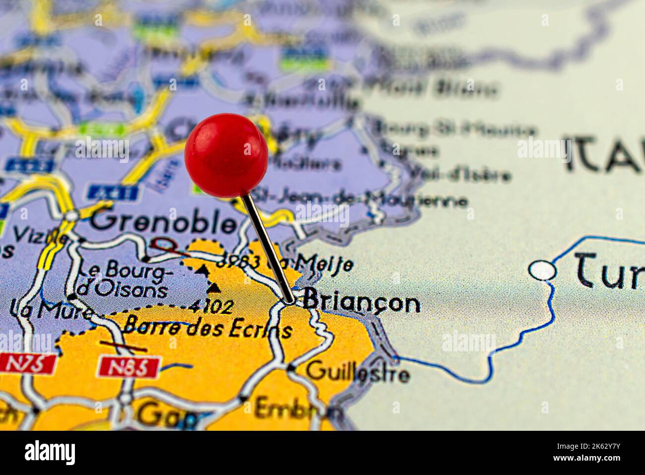 Briançon map. Close up of Briancon map with red pin. Map with red pin ...