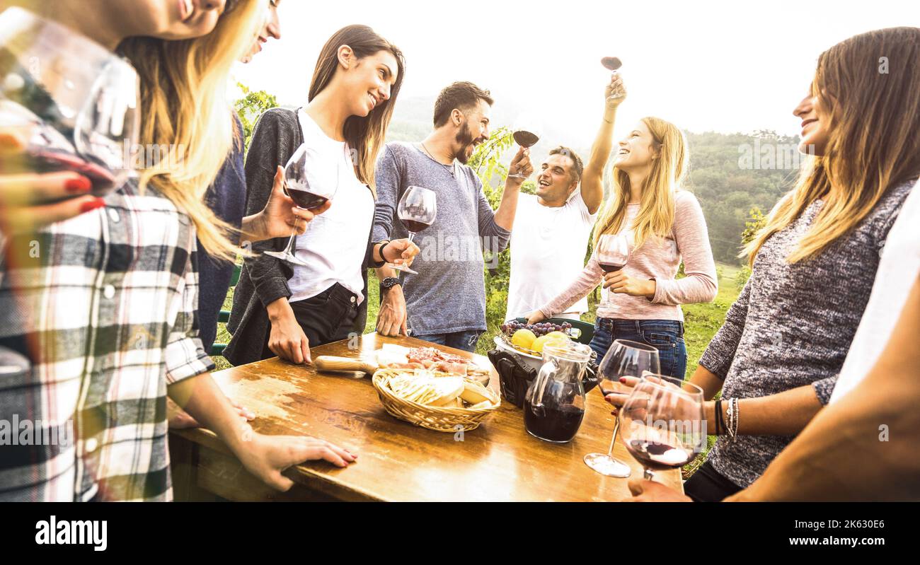 Millenial friends having fun time drinking red wine oudoors - Happy ...