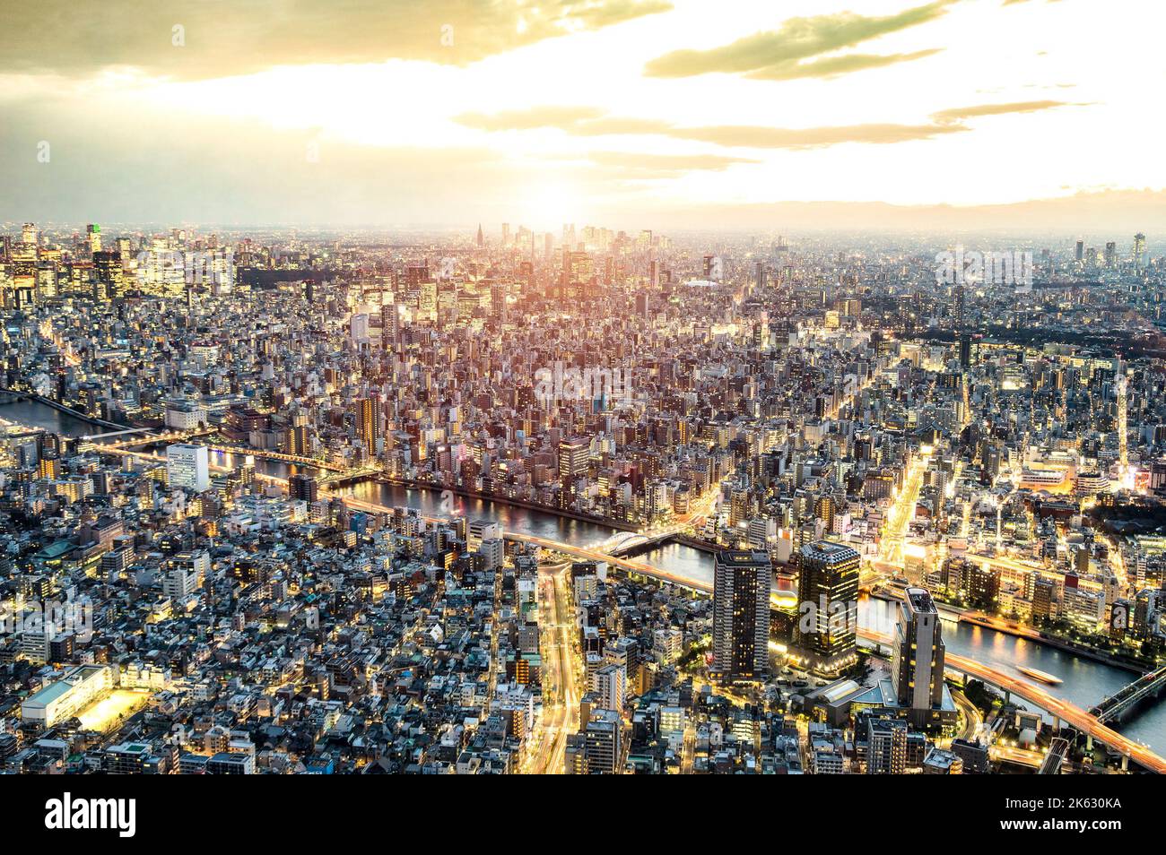 Aerial view of Tokyo skyline from above during sunset and blue hour ...