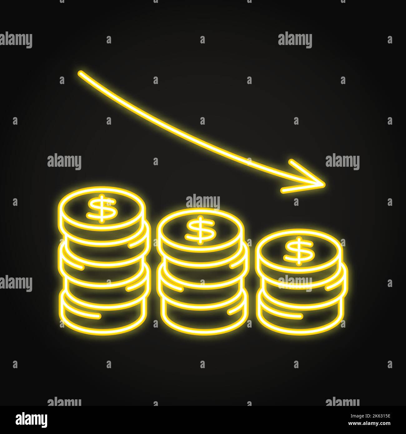 Recession neon icon in line style. Money decrease, financial crisis symbol. Cost reduction ...