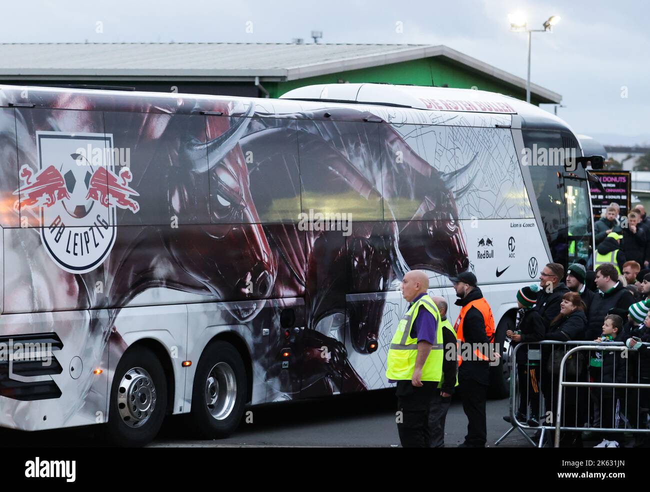 The RB Leipzig bus arrives ahead of of the UEFA Champions League Group ...