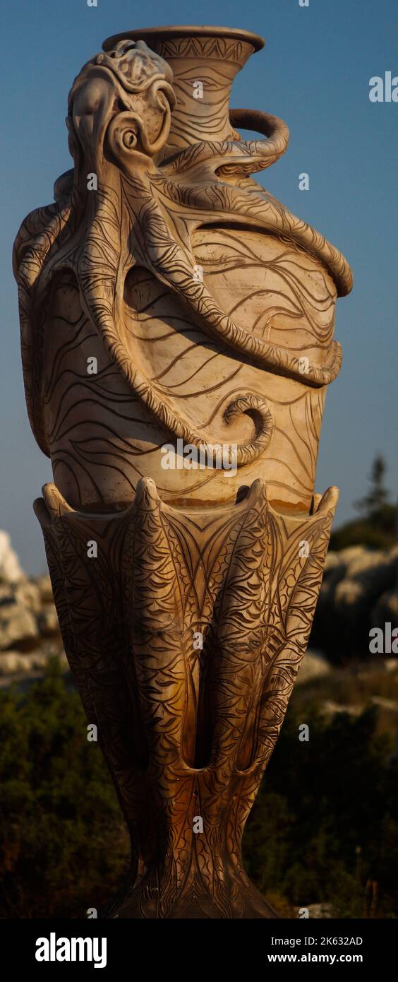 The vertical view of a big ceramic pot with an octopus design Stock ...