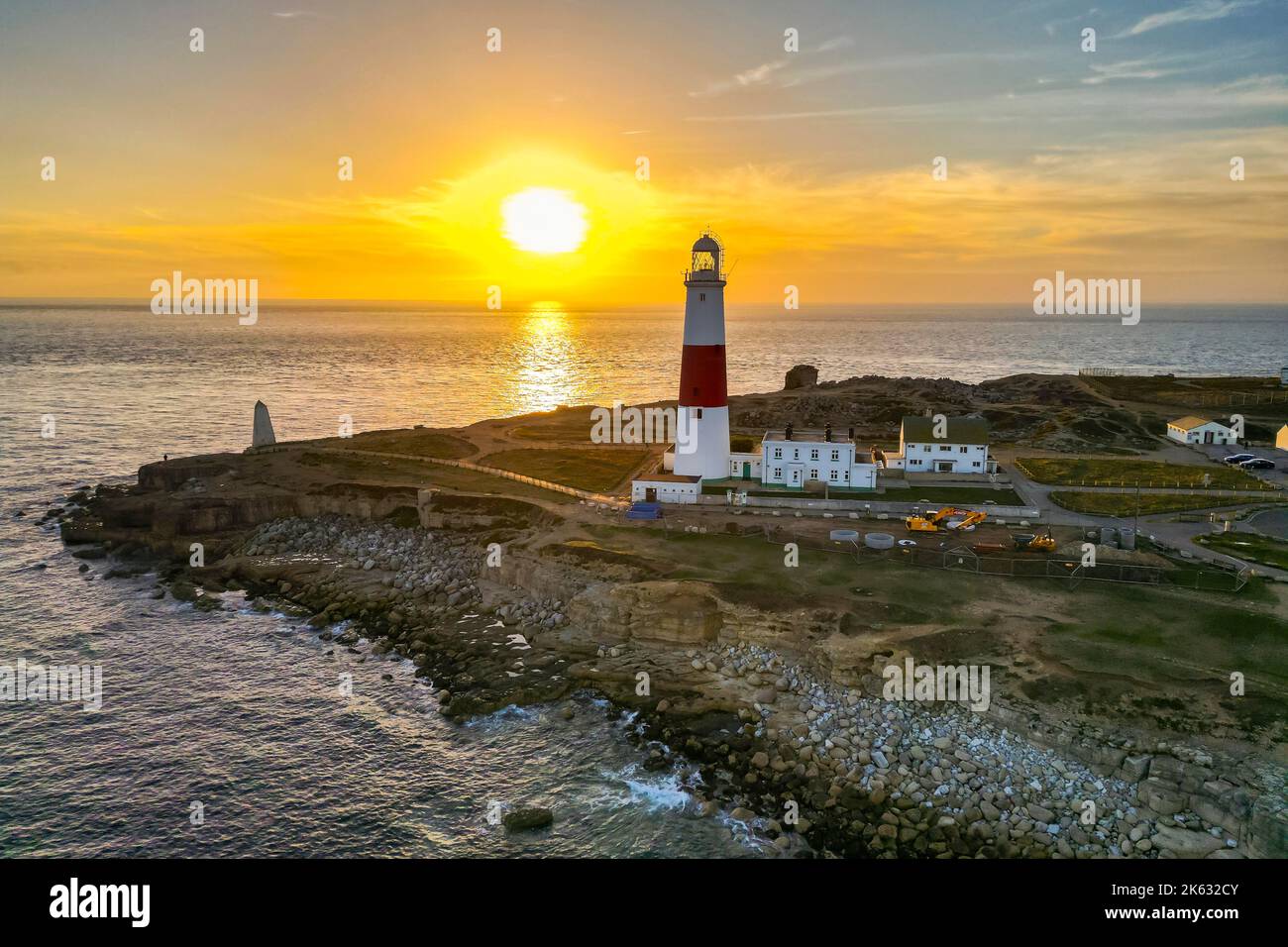 Portland Bill, Dorset, UK. 11th October 2022. UK Weather. View from the air of the sunset at the ...