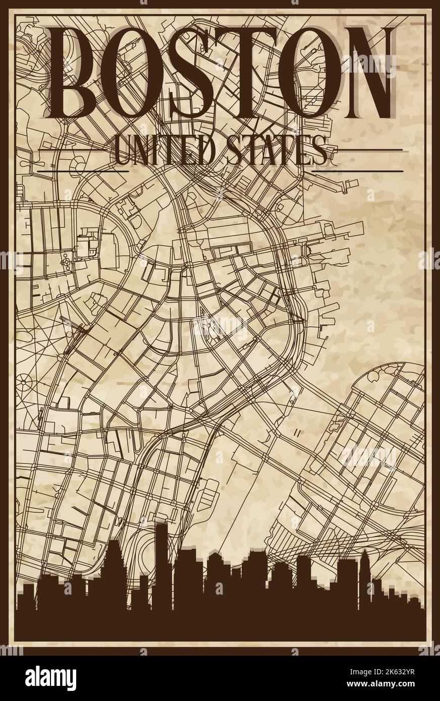 Hand-drawn downtown streets network printout map of BOSTON, UNITED ...