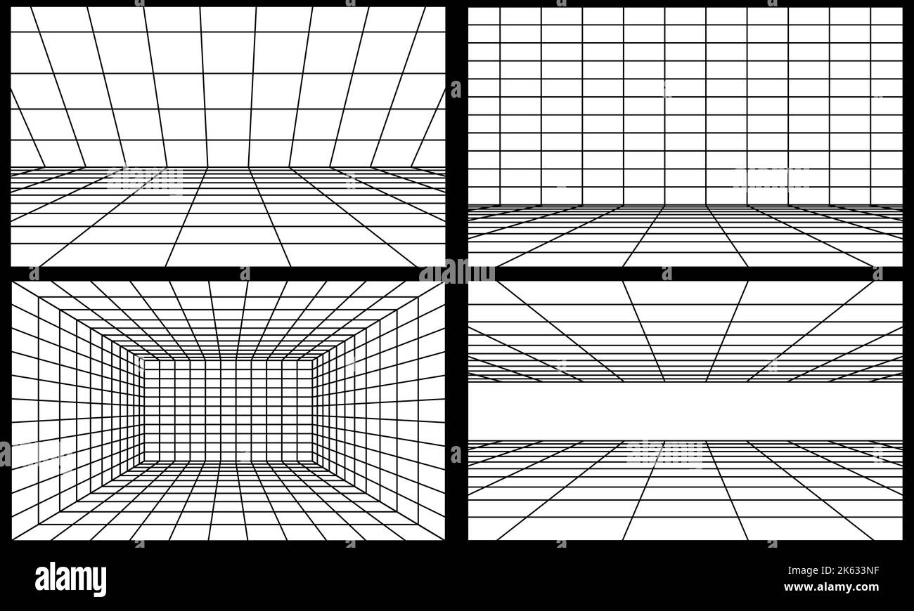 Perspective room with black grid. Set 3D linear floor and empty ...