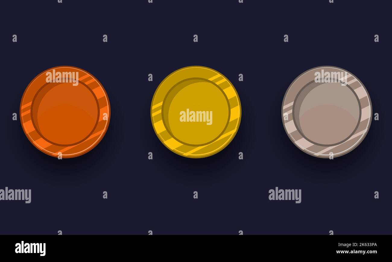 Game achievement badge or rank icon cartoon set. Gold, silver and ...