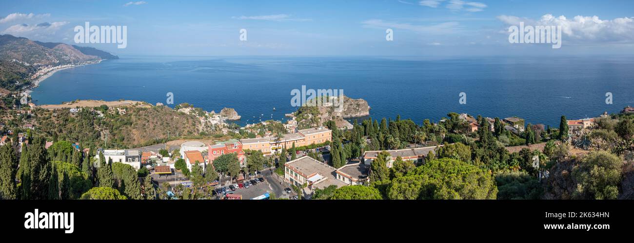 Taormina, Italy: 09-16-2022: Aerial wide angle view of Taormina and its ...