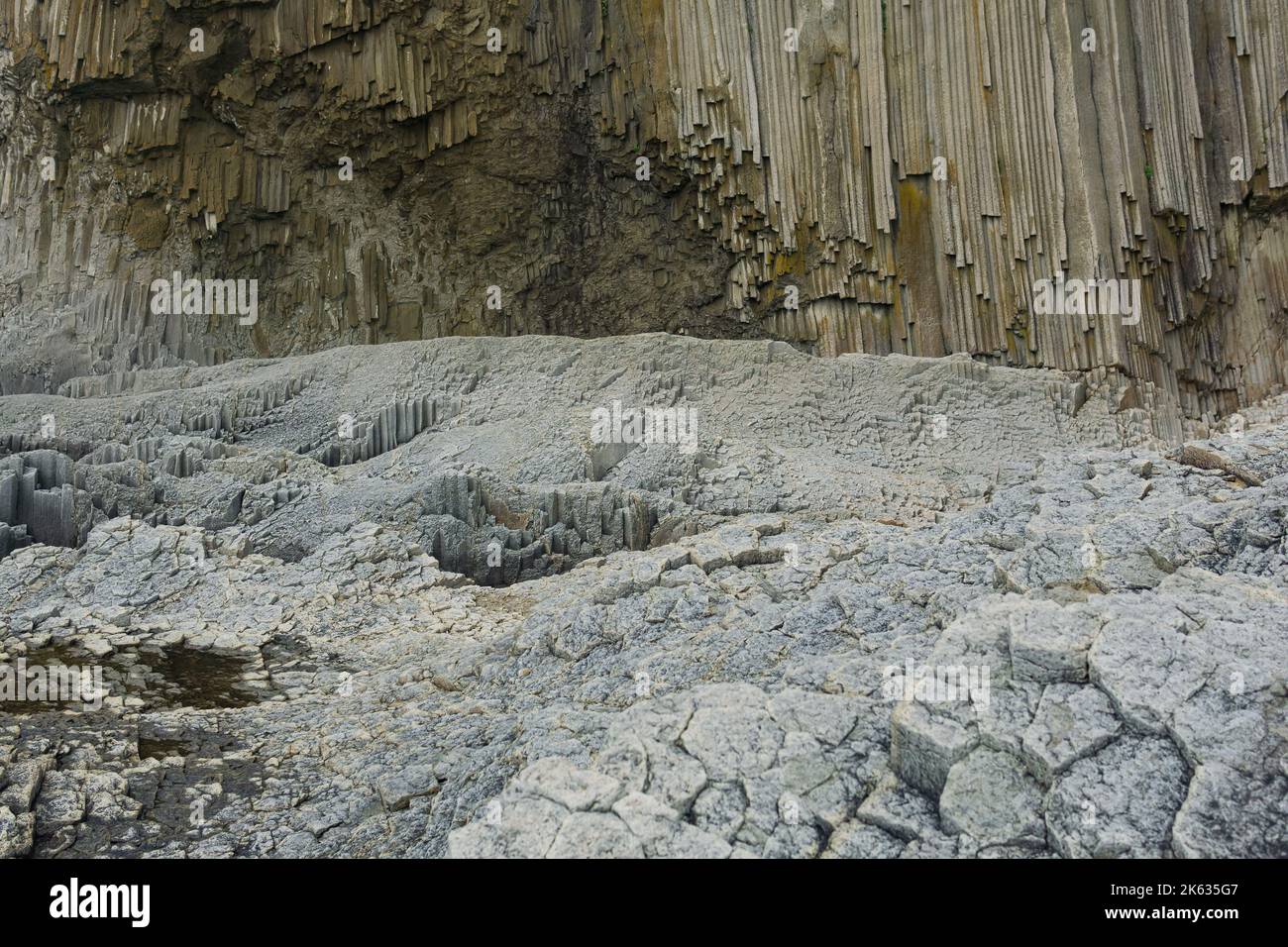 Columnar basalt rock, Cape Stolbchaty on Kunashir Island, in the ...